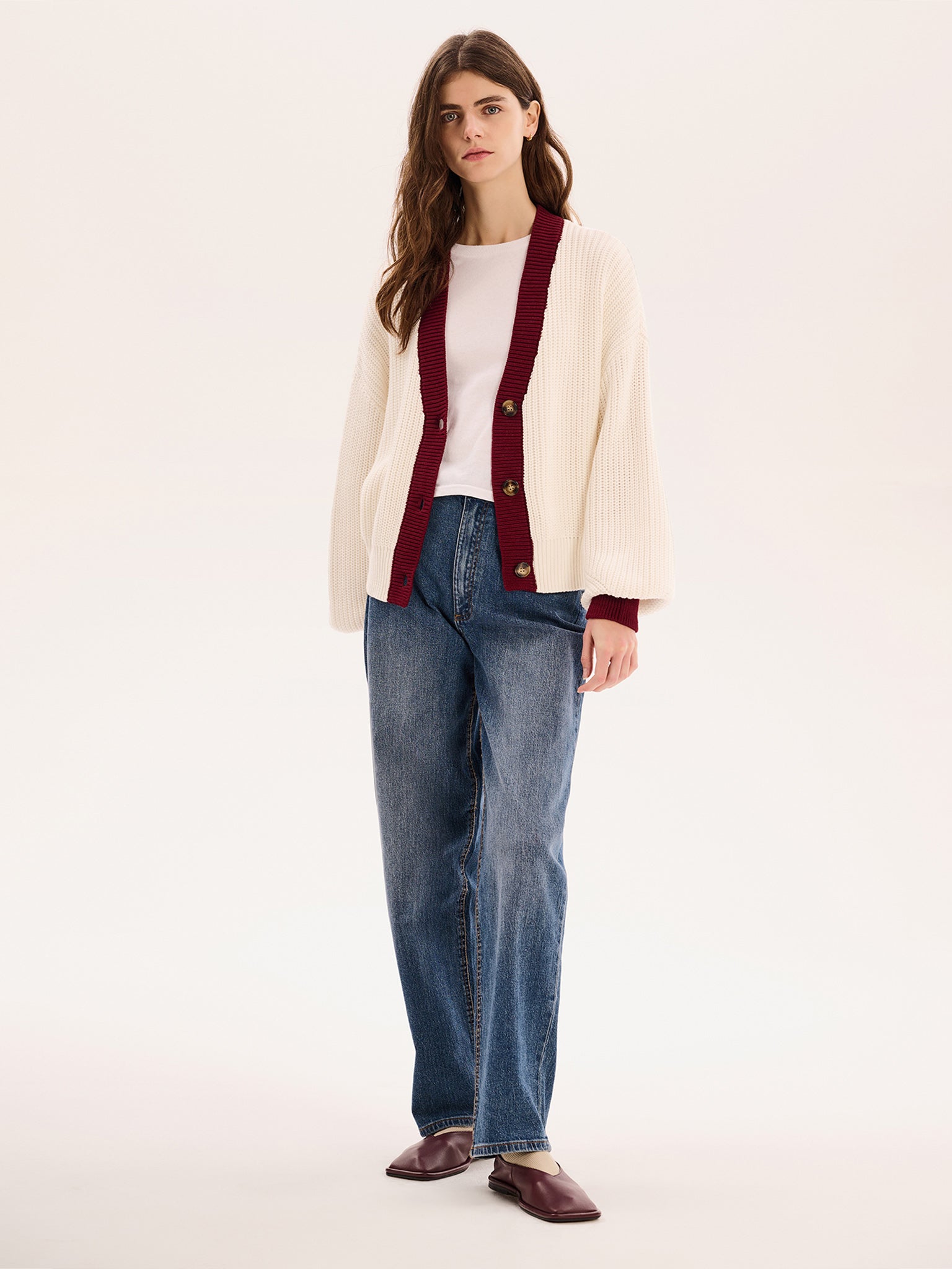 Hopper Cotton Cardigan in Cream/Burgundy | OMNES | Knitwear ...