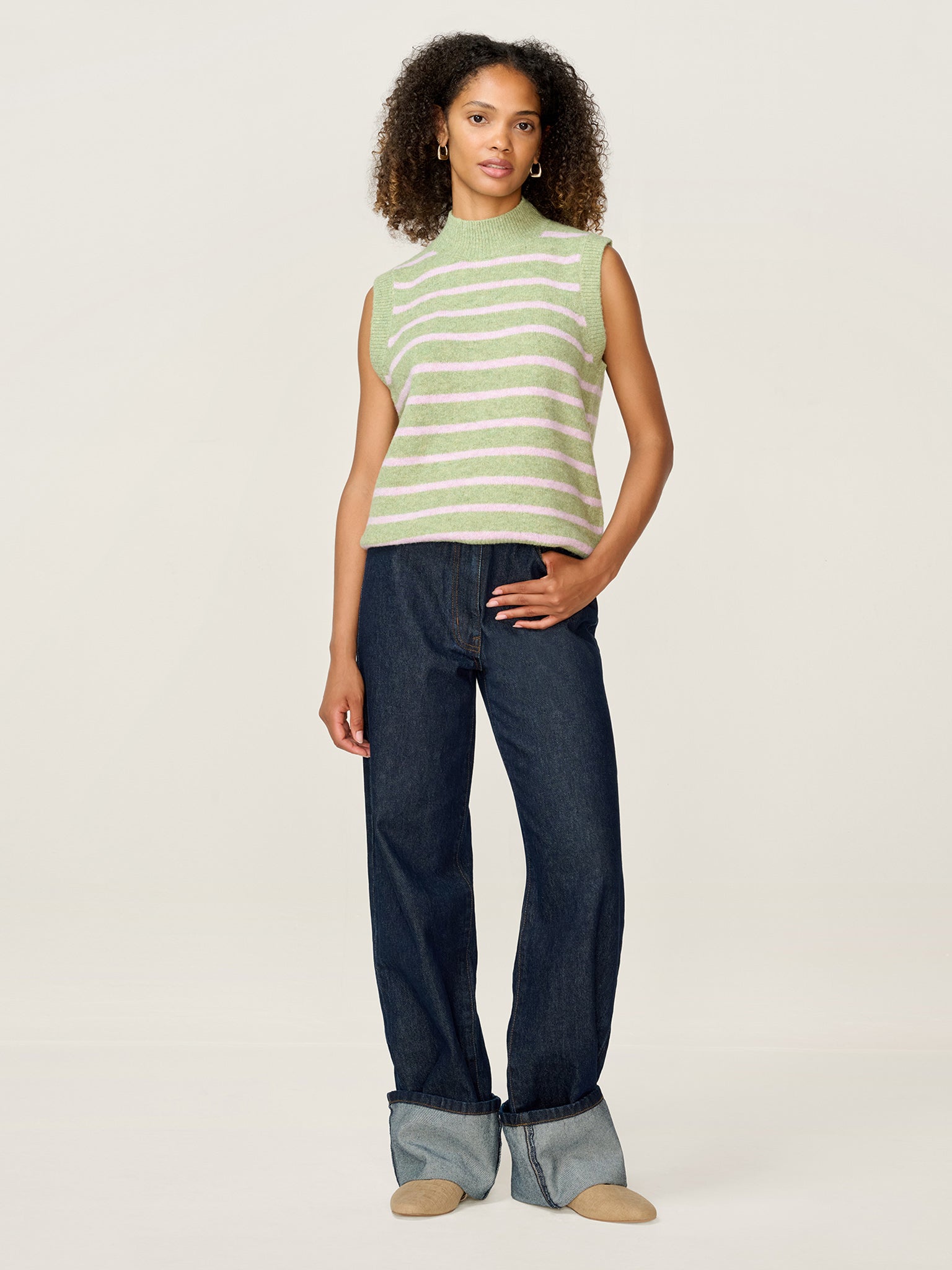 Pauli Funnel Neck Stripe Vest in Green and Pink | OMNES | Ethical ...