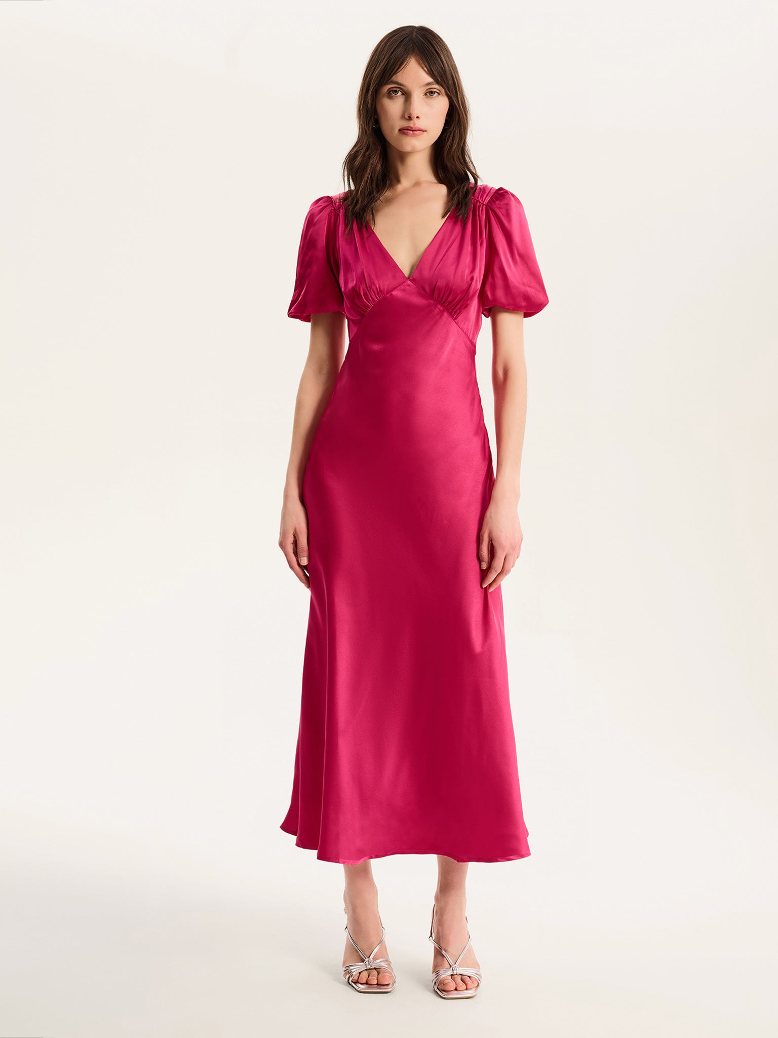 Rosie Ruched Puff Sleeve Dress in Magenta | OMNES | Ethical ...